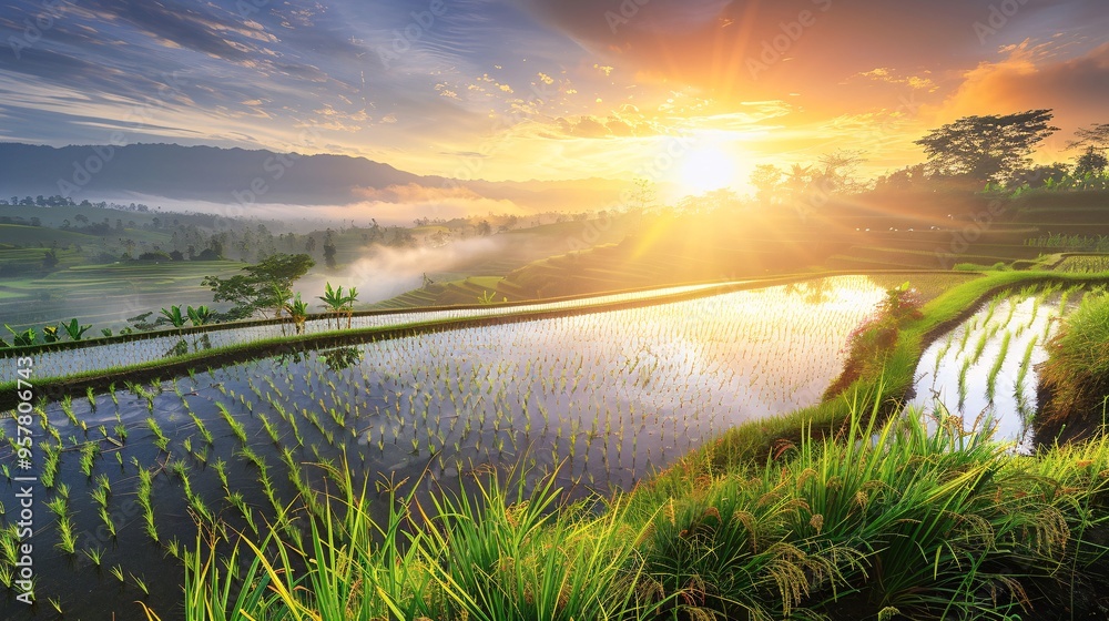 07240954 81. Picturesque paddy field at sunrise with golden sunlight ...
