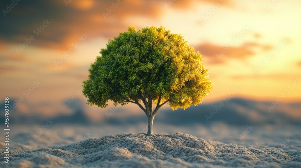 A vibrant 3D tree in the foreground with arid land in the background ...