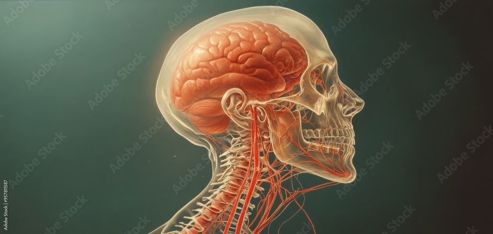 Detailed illustration of human anatomy highlighting brain, skull, and ...
