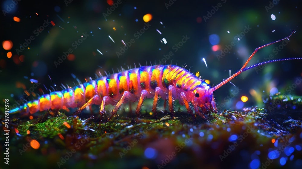 Colorful neon light effect on a centipede crawling through the ...