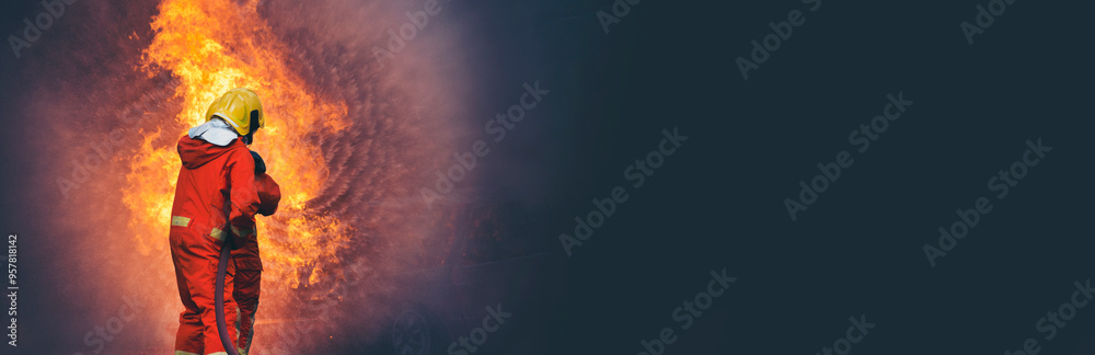 Firefighter fighting smoke flame use fire hose chemical water foam ...