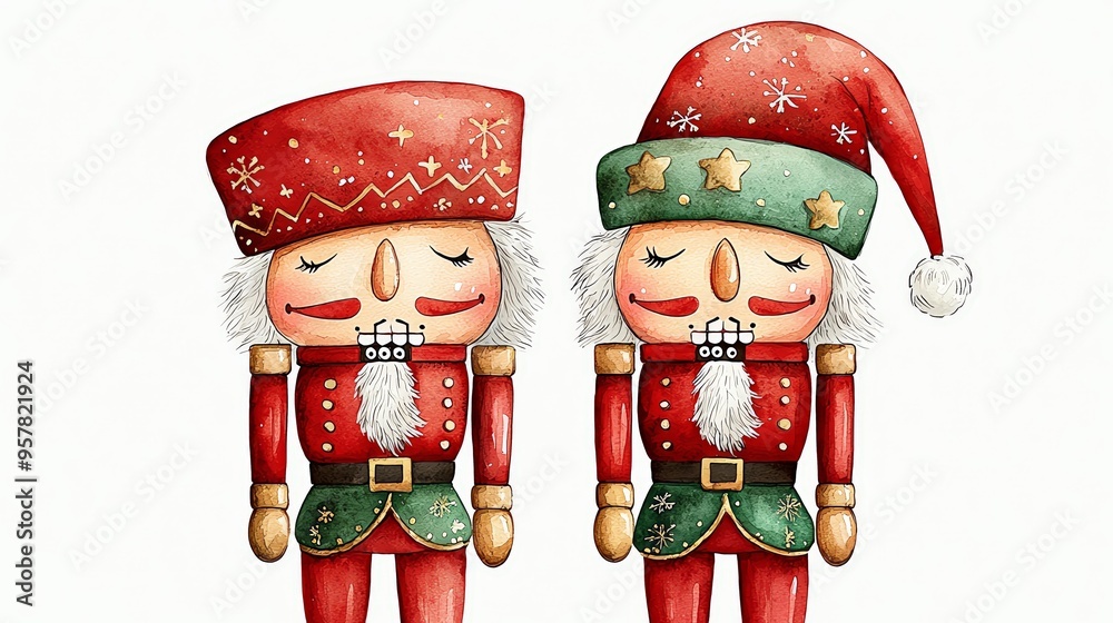 Watercolor nutcracker soldier in traditional red and green attire ...