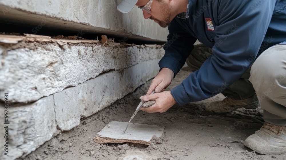 A detailed foundation inspection, showing an inspector examining the ...