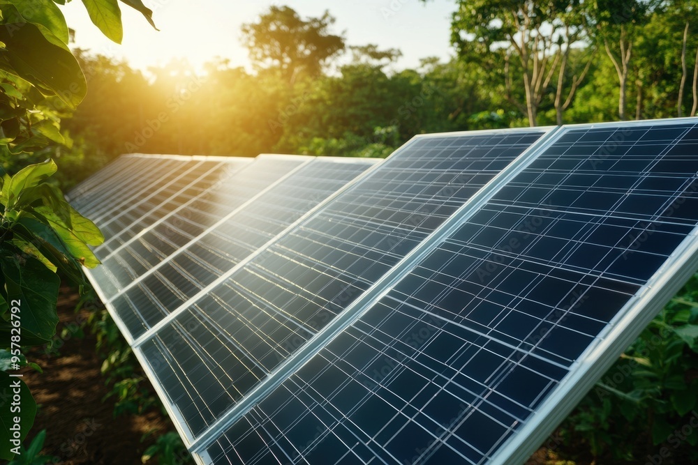 Solar panels capture sunlight to produce renewable energy in a lush green environment, promoting ...