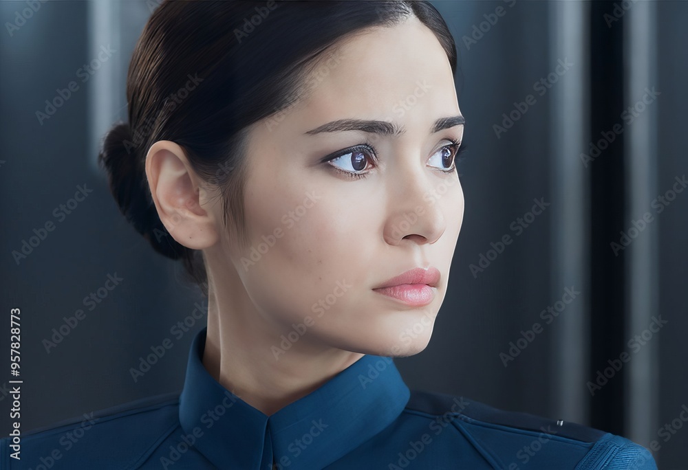 25 focused look the woman looks intently to the side her dark bl Stock ...