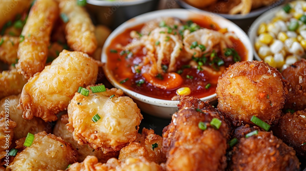 07240954 350. Intimate close-up of assorted fried snacks, showcasing ...