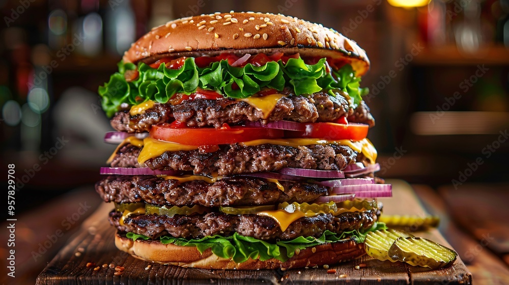 07240954 364. Vibrant photo of a towering double cheeseburger, sliced ...