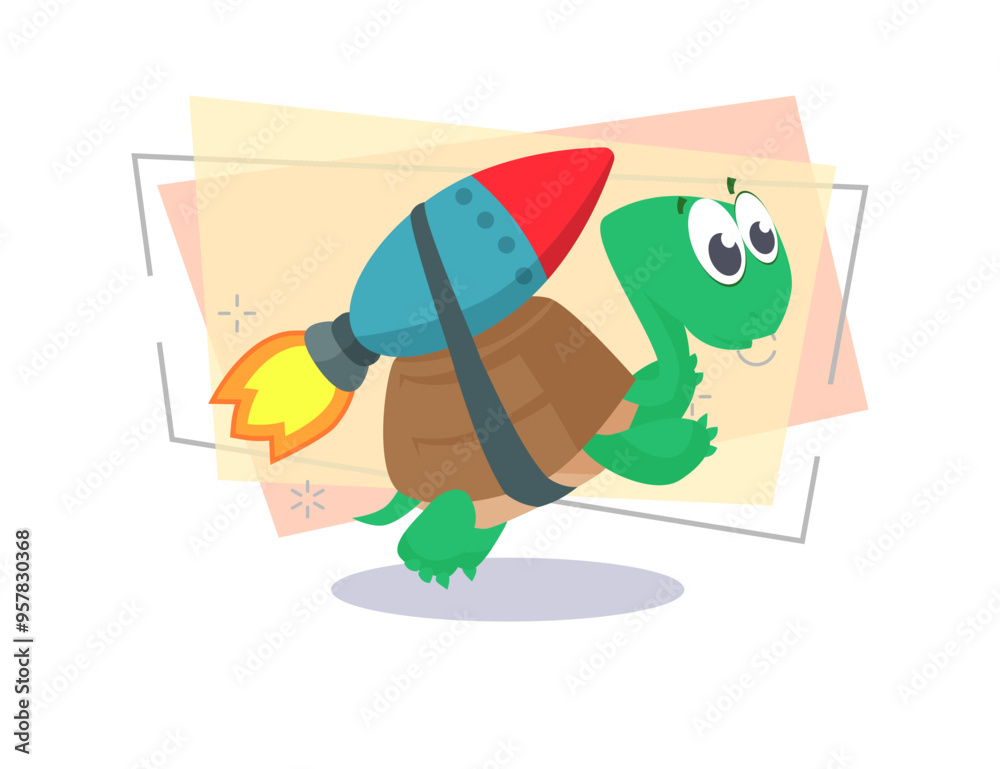 Cartoon turtle flying with rocket. Cute character, animal, start ...