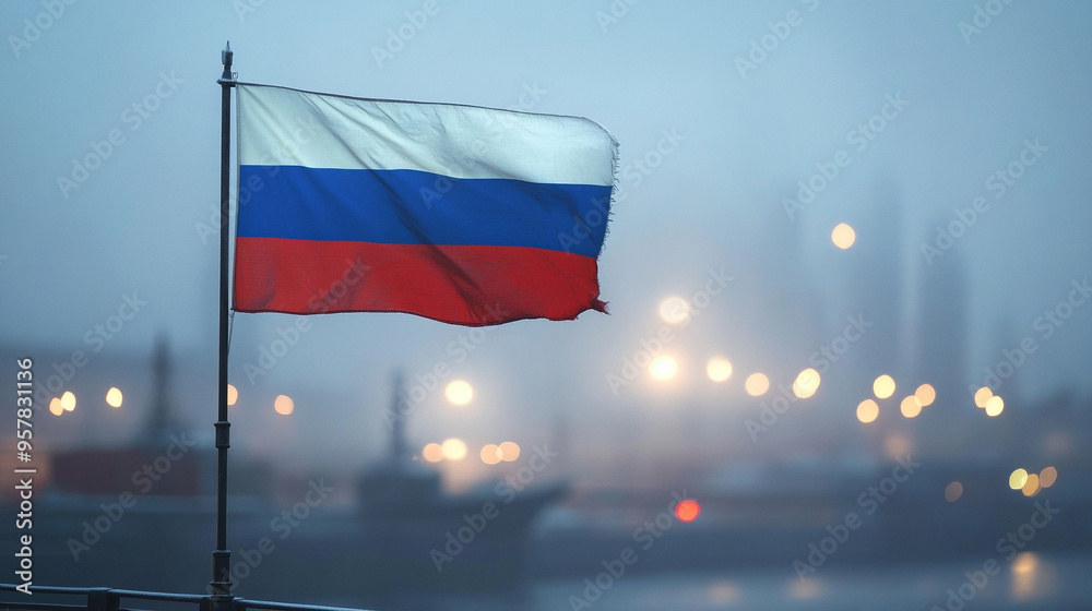 Russian flag waves solemnly against a blurred, gloomy background ...