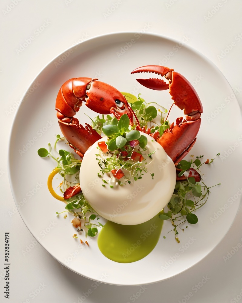 food photograph featuring a deconstructed lobster dish. The layout is ...