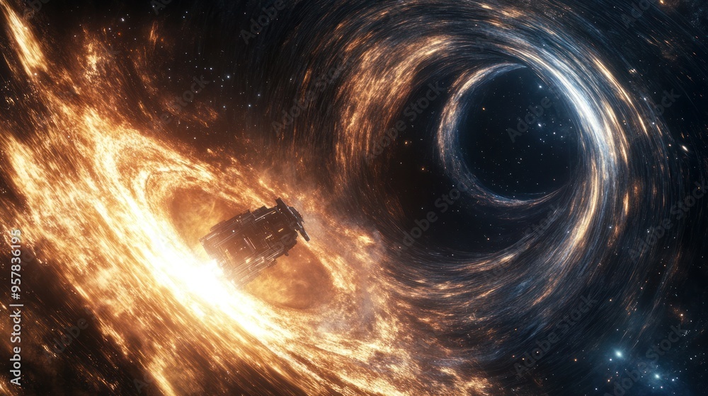 Deep space exploration, spacecraft navigating a black hole, intense ...
