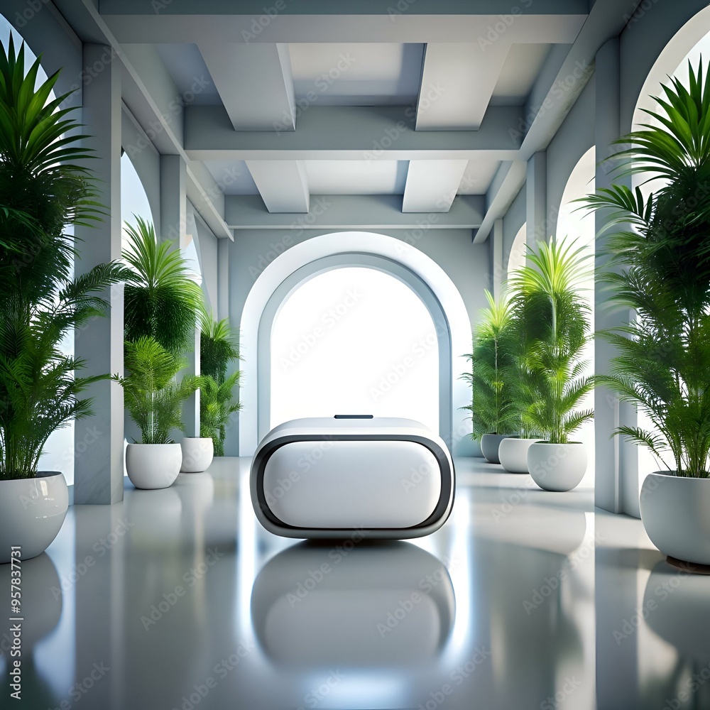 A futuristic VR/AR headset sits in a minimalist hallway. showcasing the ...