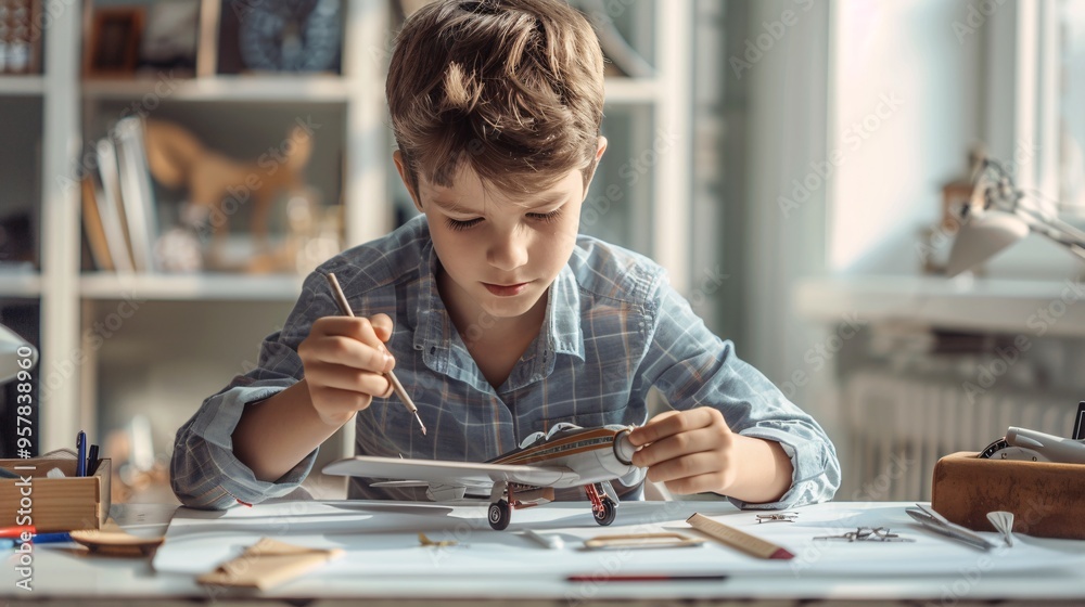 Ultra-clear image of a boy building a model airplane at his desk ...
