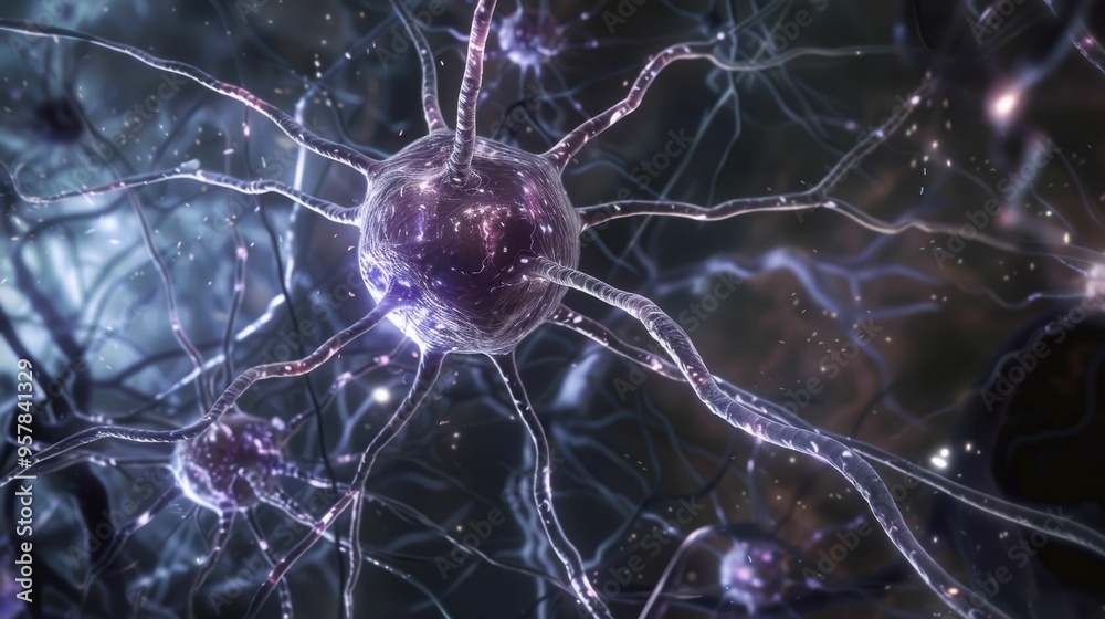 A close up of a cluster of purple brain cells. The image is a ...