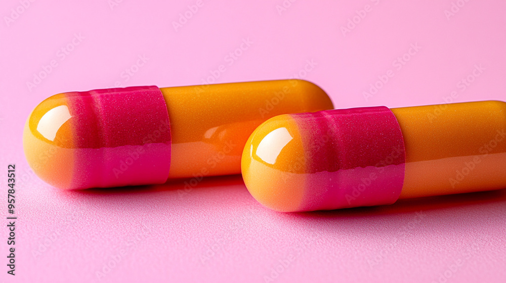 Two vibrant medicine capsules in contrasting colors are placed against ...