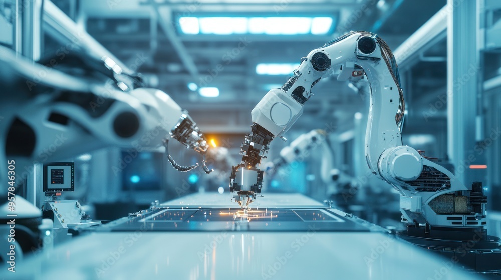 Space technology, robotic arms assembling a satellite in a clean room ...