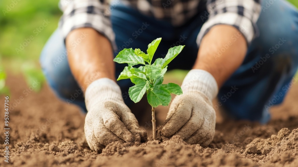 Farmer carefully planting a young sapling tree in an agroforestry ...