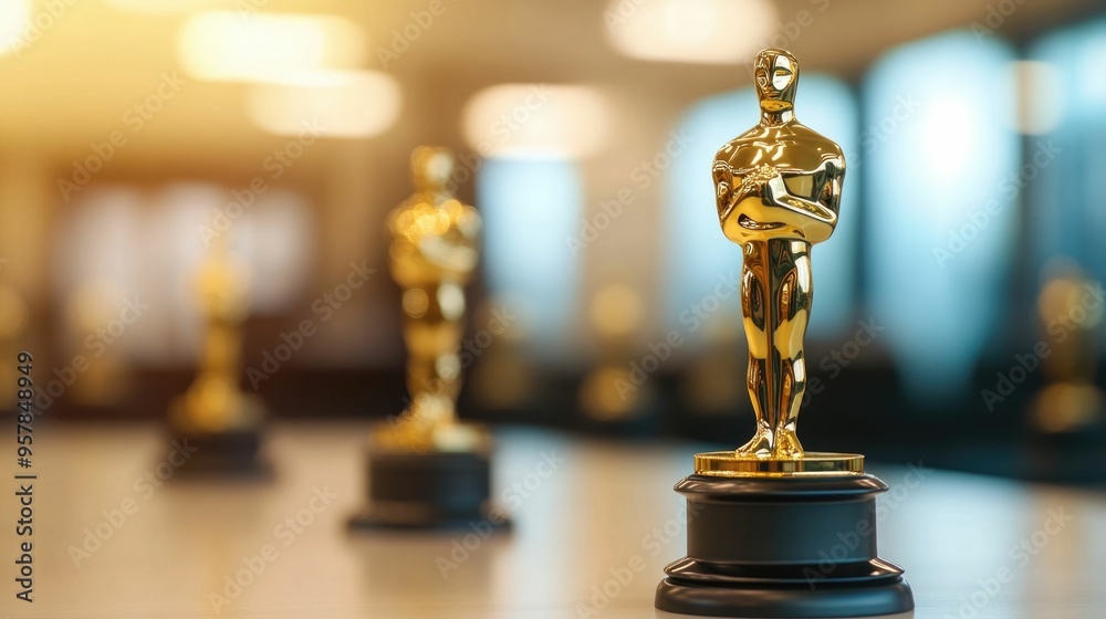 Elegant award statuettes displayed on a table representing symbols of ...