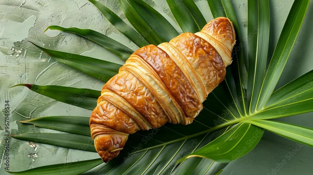 Croissant resting on tropical leaves in a minimalist setting with ...