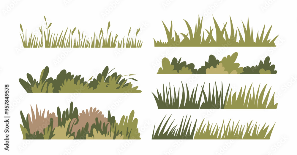 Lush greenery, horizontal grass lines with leaves and foliage. Vector ...