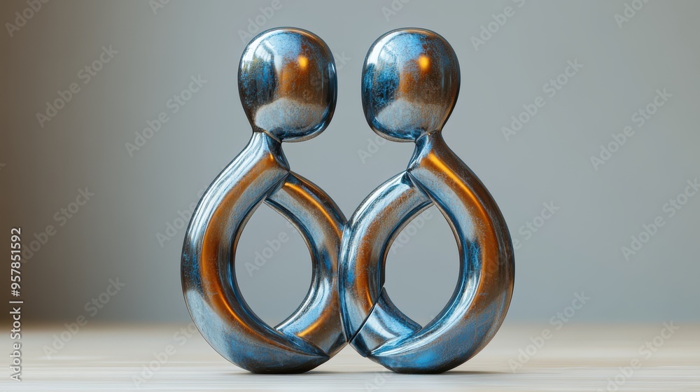 3D render of linked metallic male and female gender symbols ...