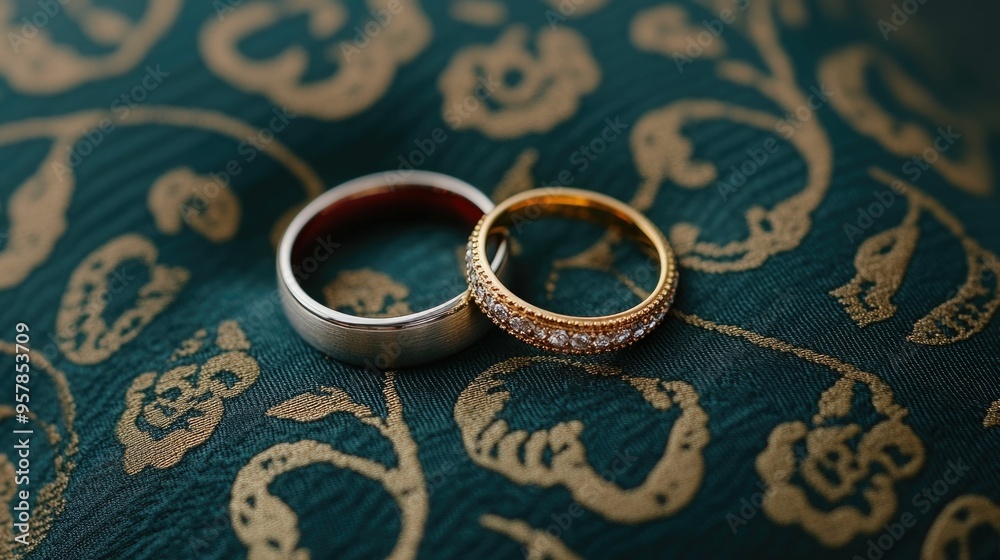 Elegant wedding rings resting on a decorative pillow showcasing the ...