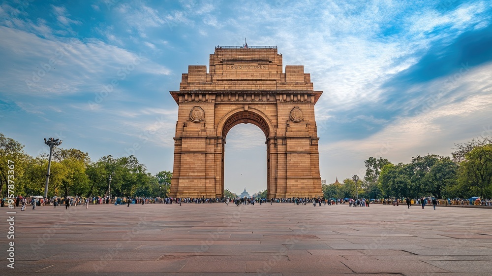 A view of the iconic India Gate, with its imposing structure and ...