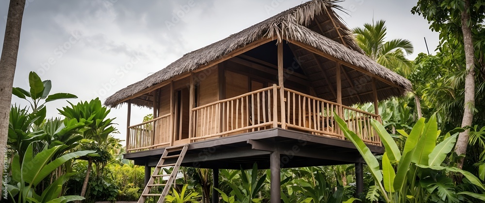 rustic, elevated hut with a thatched roof and wooden structure, set in ...