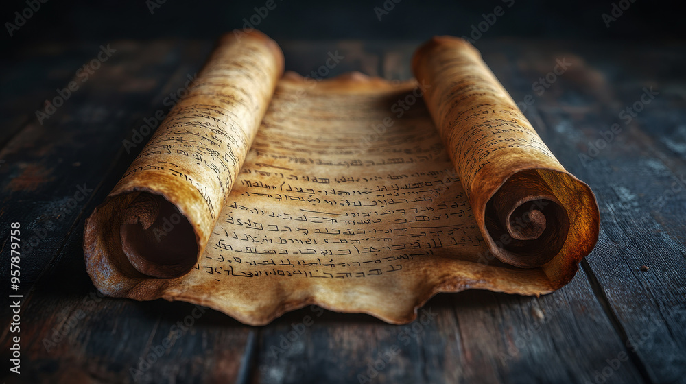 Opened unrolled scroll on a wood surface. The Torah, also known as the ...