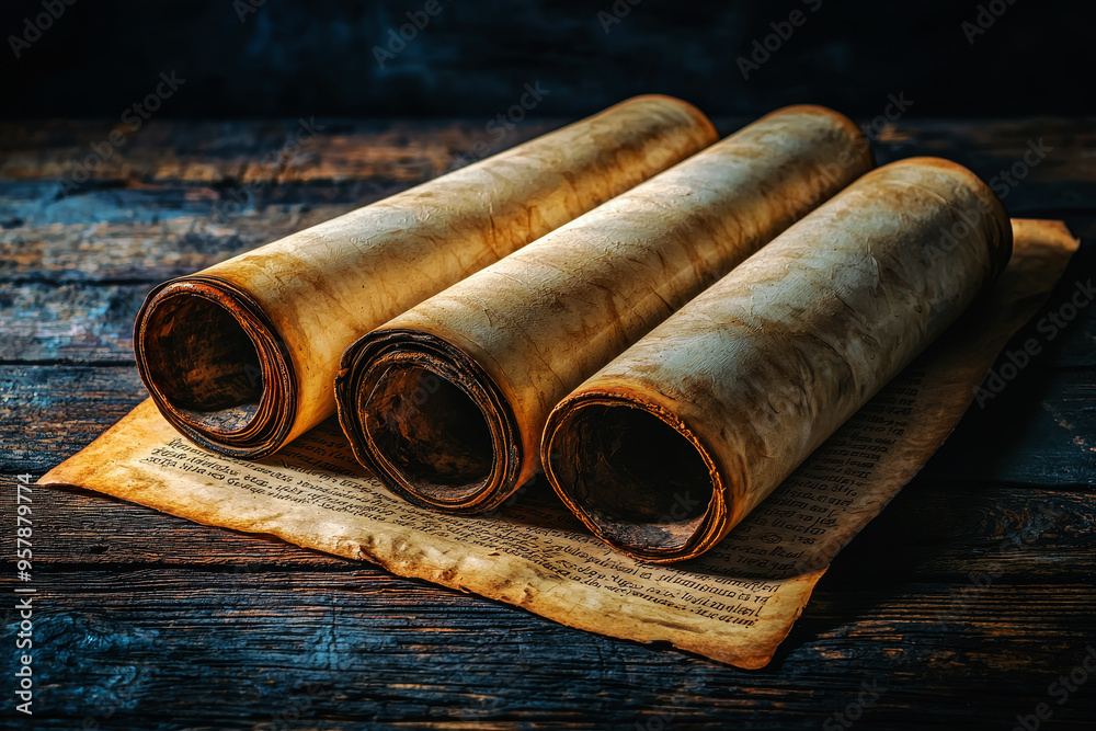 Opened unrolled scroll on a wood surface. The Torah, also known as the ...