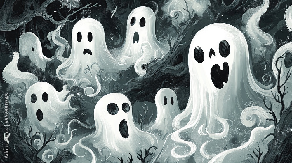 ghost illustration featuring multiple ghostly characters, each with ...