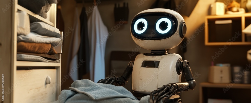 White Robot with Glowing Eyes Folding a Blue Towel in a Closet Stock ...