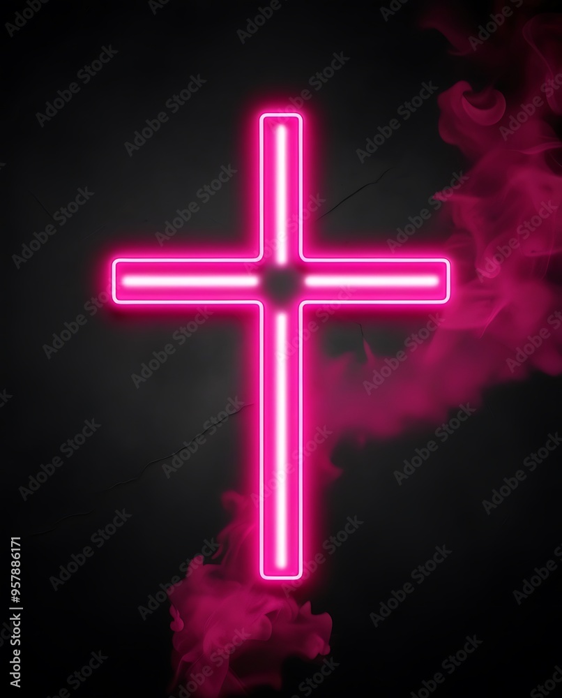 Neon cross of Jesus Christ glowing brightly. Symbol of faith, prayer ...
