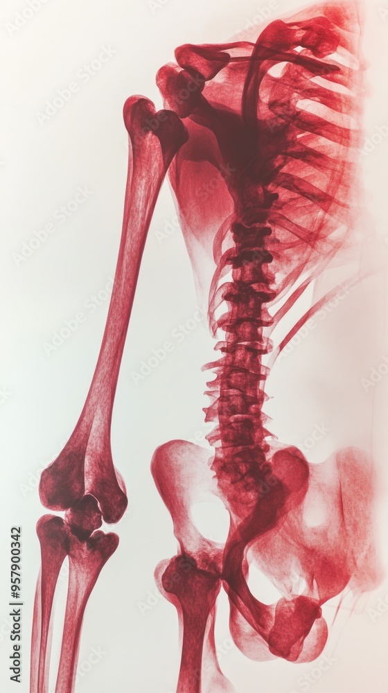 A red-toned X-ray image of the human skeletal structure, featuring the ...