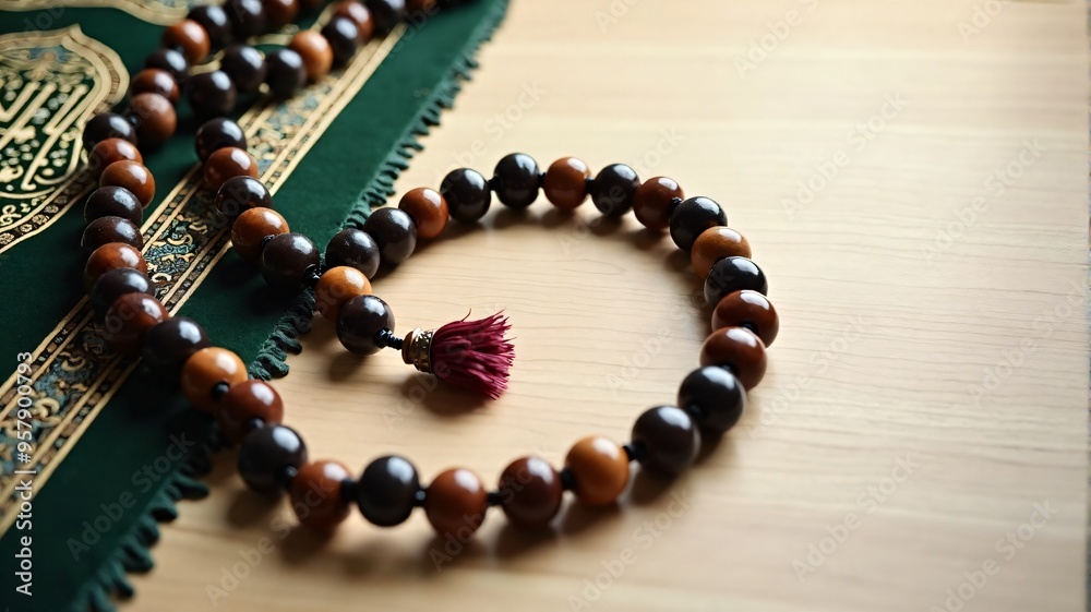 Islamic Muslim background with copy space featuring tasbih and Quran ...