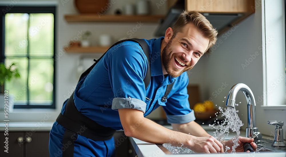 Smiling plumber fixing kitchen sink during daytime with water splashing ...