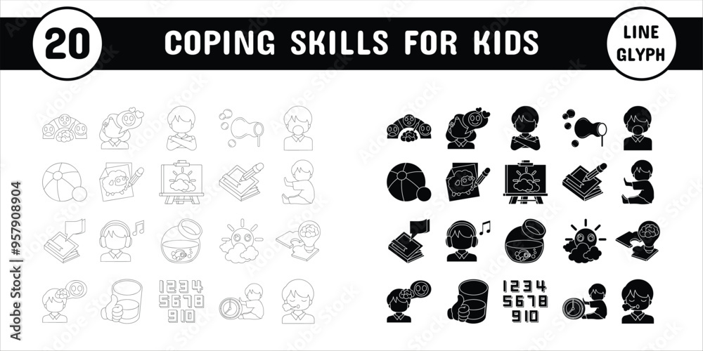 Coping Skills for Kids Line Glyph Vector Illustration Icon Sticker Set ...