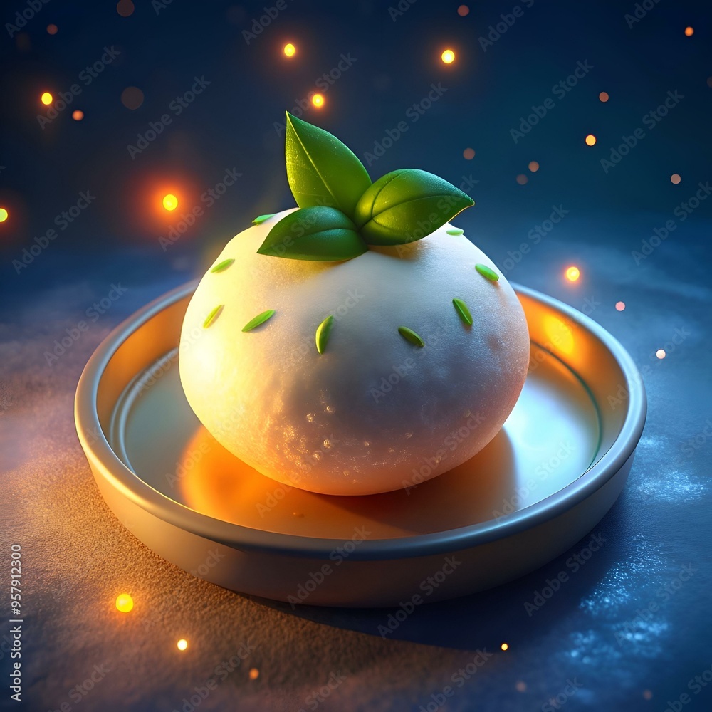 A 3D illustration of a single. perfectly steamed idli with a sprig of ...