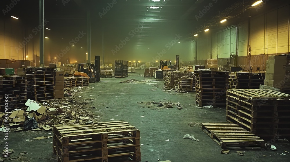 Pallets in varying conditions and sizes, chaotically placed in a dimly ...