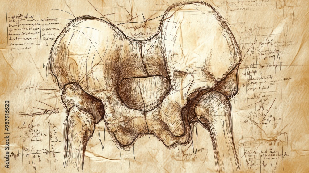 Detailed anatomical drawing of the human pelvis and hip bones on an ...