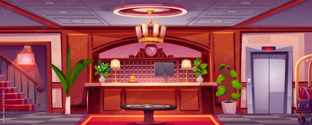 Hotel lobby interior with lift. Office reception near elevator cartoon ...