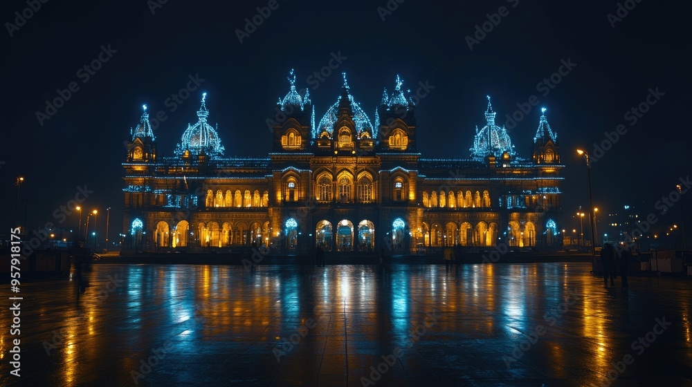 Chhatrapati Shivaji Maharaj Terminus (CST) illuminated at night ...