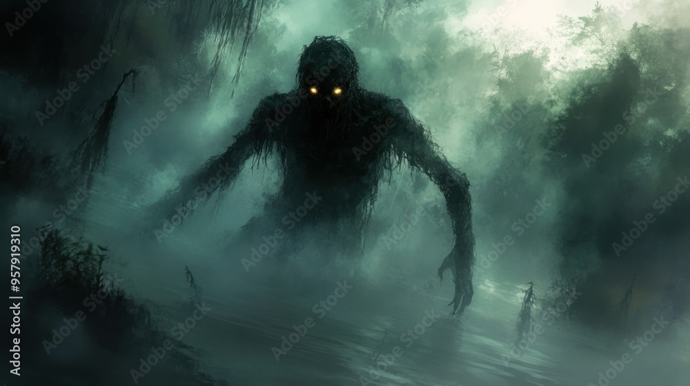 Detailed and Eerie Illustration of a Skin-Walker with Glowing Eyes and ...