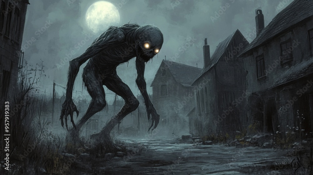 Detailed and Eerie Illustration of a Skin-Walker with Glowing Eyes and ...