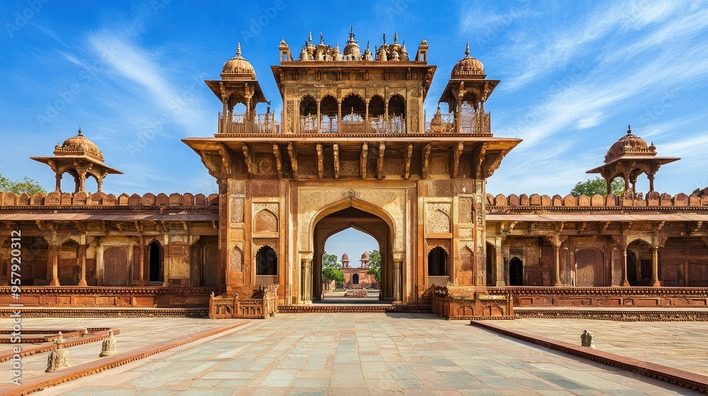 The grand entrance gate of the Fatehpur Sikri, with its detailed stone ...
