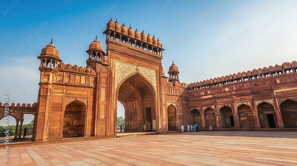 The grand entrance gate of the Fatehpur Sikri, with its detailed stone ...