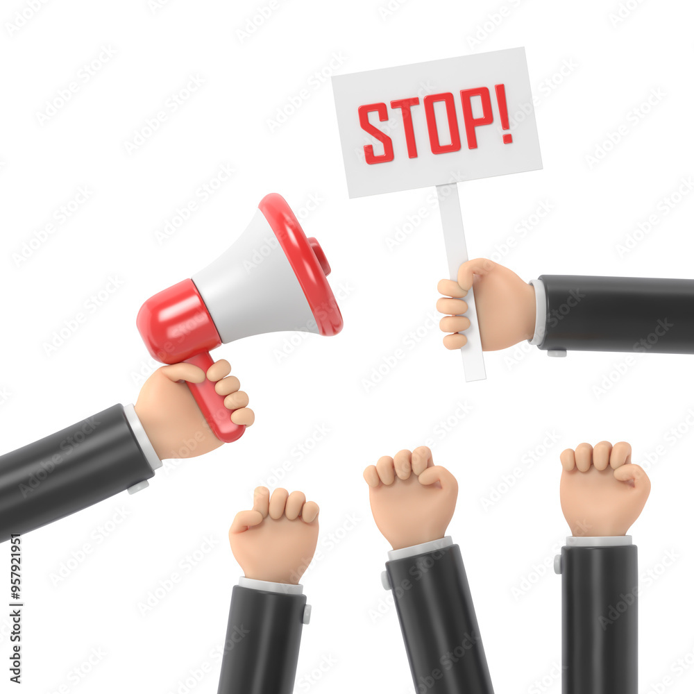 Cartoon hands of demonstrants and hand with Megaphone and stop sign ...