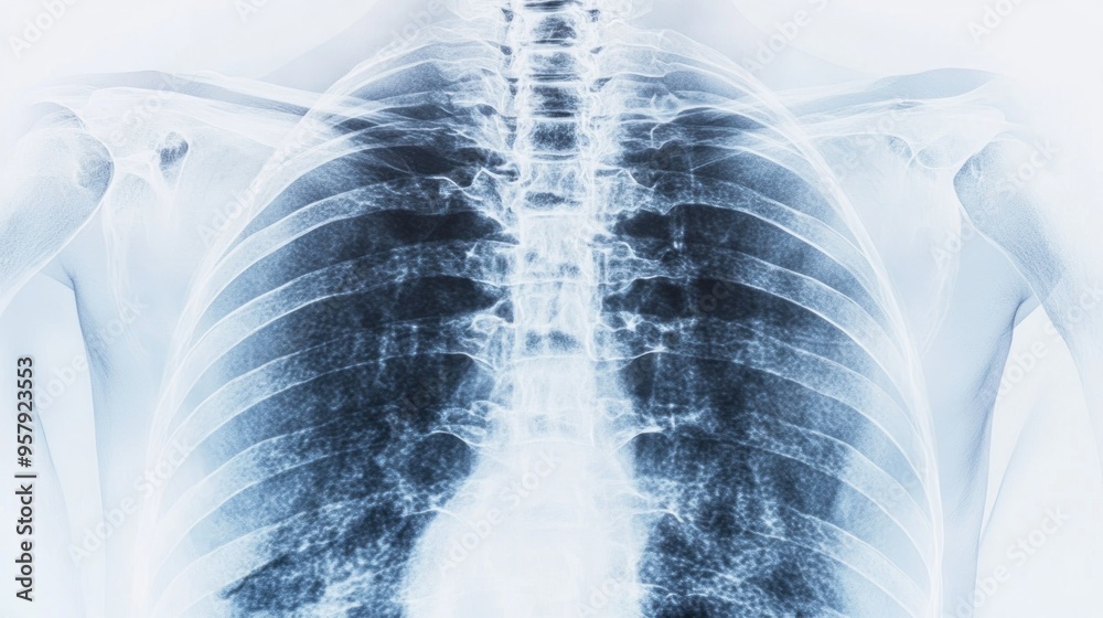 Ilustrace „A chest x-ray shows the lungs, heart, and bones of the rib ...