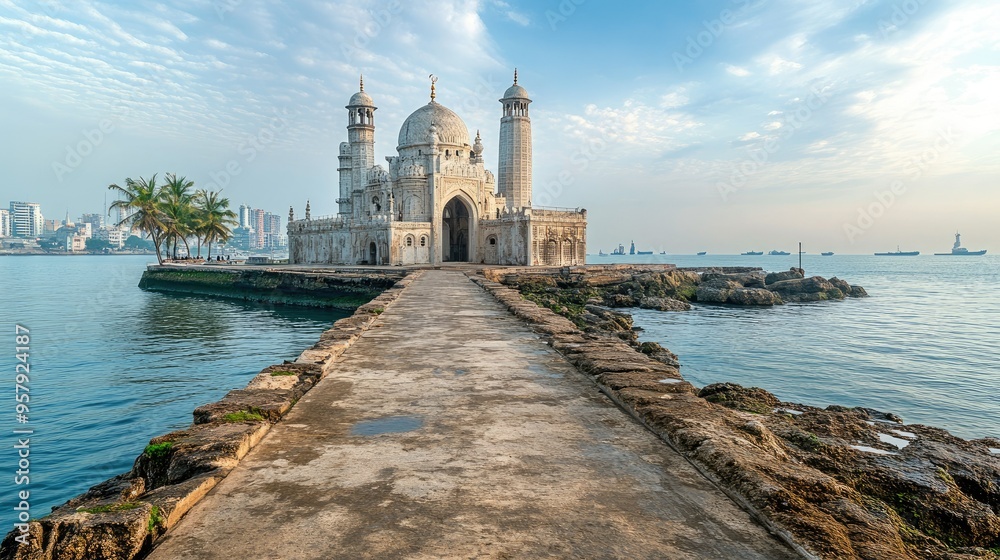View of the iconic Haji Ali Dargah floating on the Arabian Sea, with a ...