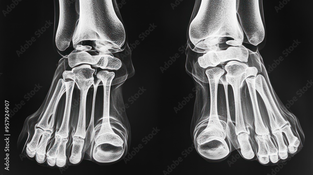 X-ray image of two human feet, showing the bones of the feet, ankles ...